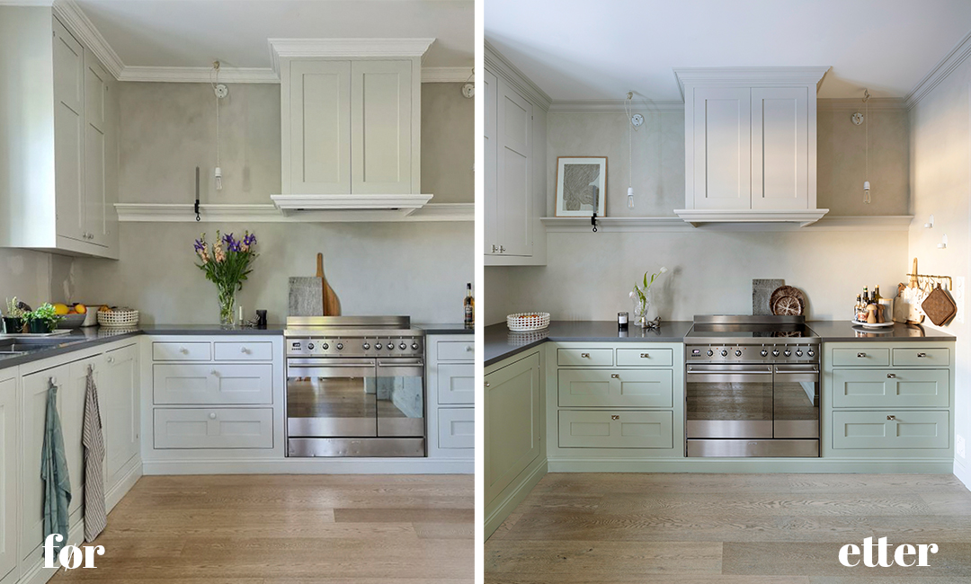 Diskre oppdatering av et DIY Ikea-kjøkken i fargen Olivenlund. (Du vil ...